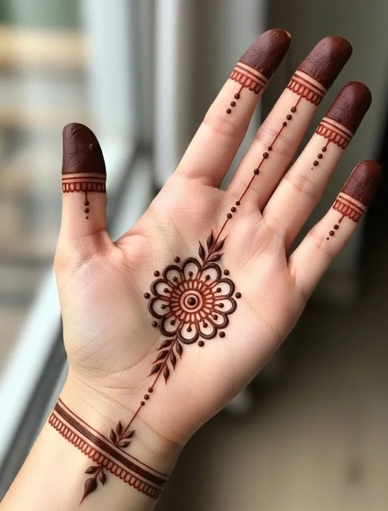 Simple Center Flower Mehndi Design with Line Art Pattern for Front Palm ...